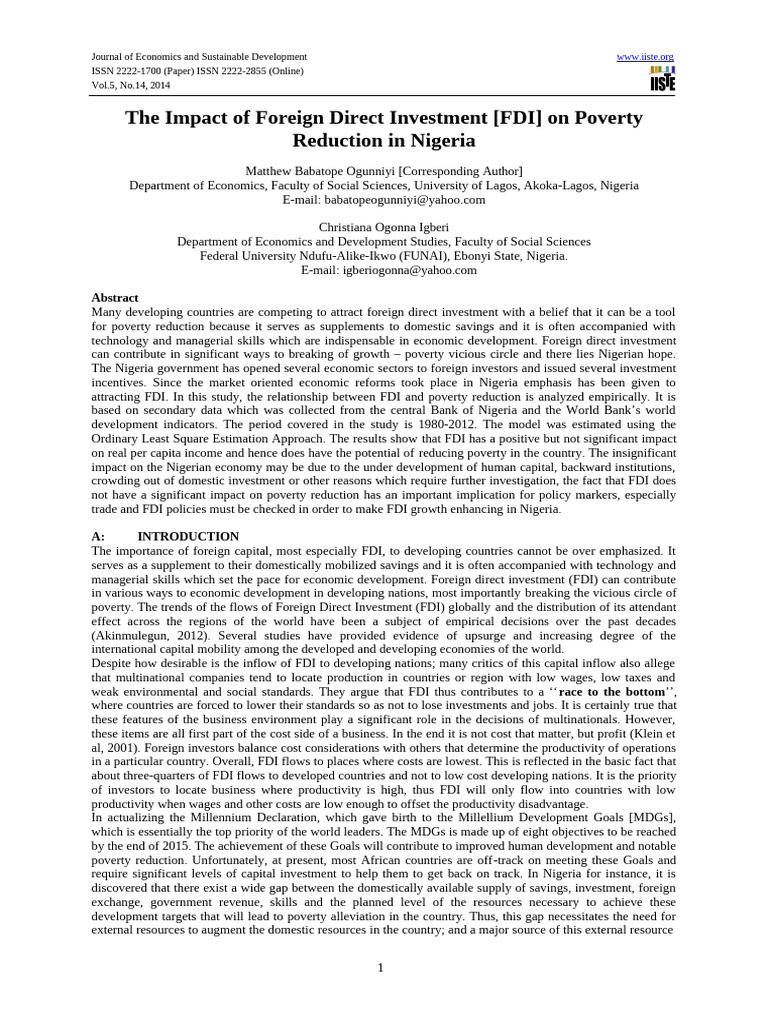 The Impact of Foreign Direct Investment (FDI) On Poverty Reduction in ...