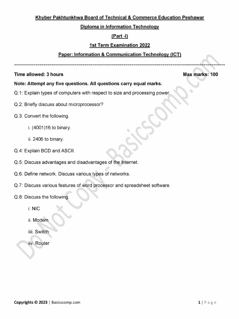 DIT Past Papers 2022 ICT | PDF