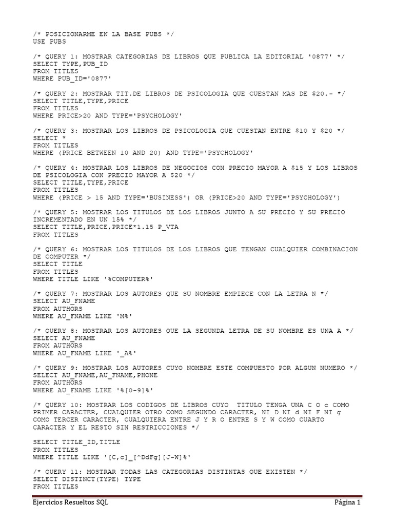 Guia de Ejercicios Resueltos SQL 1 Al 29 | PDF | SQL | Finanzas y dinero