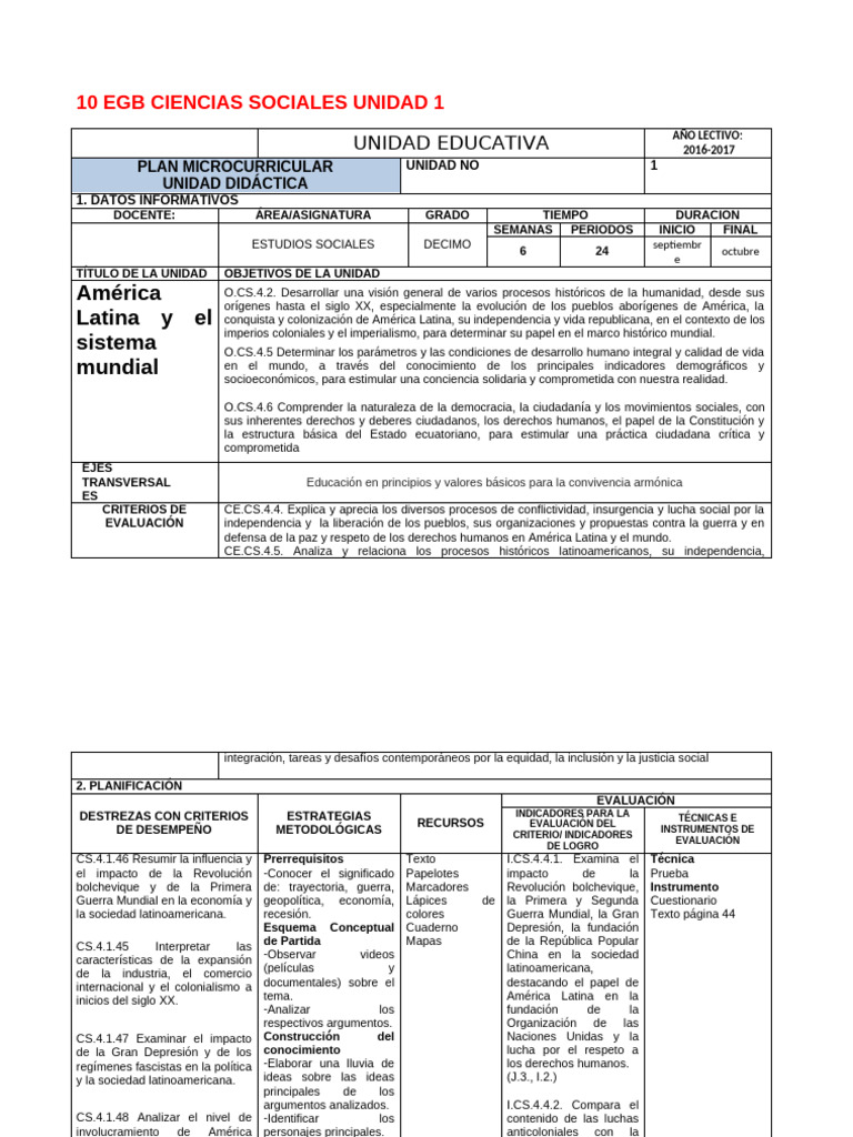2 CS 10mo. EGB Planif Por Unidad Didáctica | PDF | America latina | Democracia