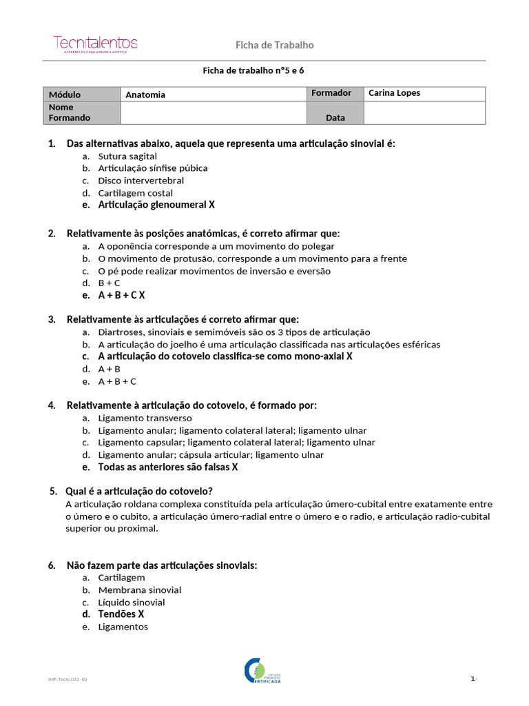 Ficha Trabalho 5 e 6 Anatomia v.2 | PDF