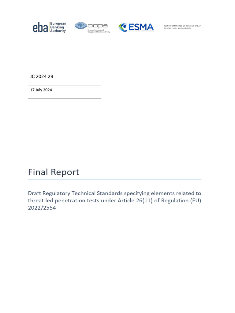 JC 2024-29 - Final Report - DORA RTS On TLPT | PDF