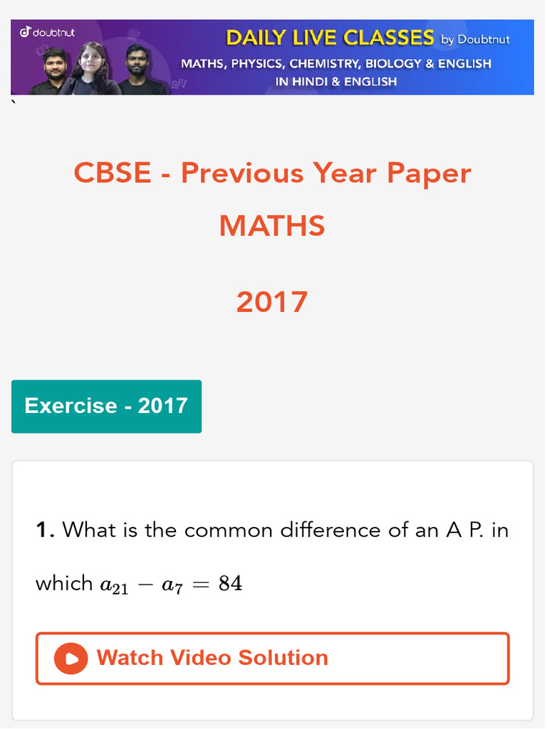 Cbse 10 Boards Maths Year 2017 Doubtnut Previous Year Paper | PDF