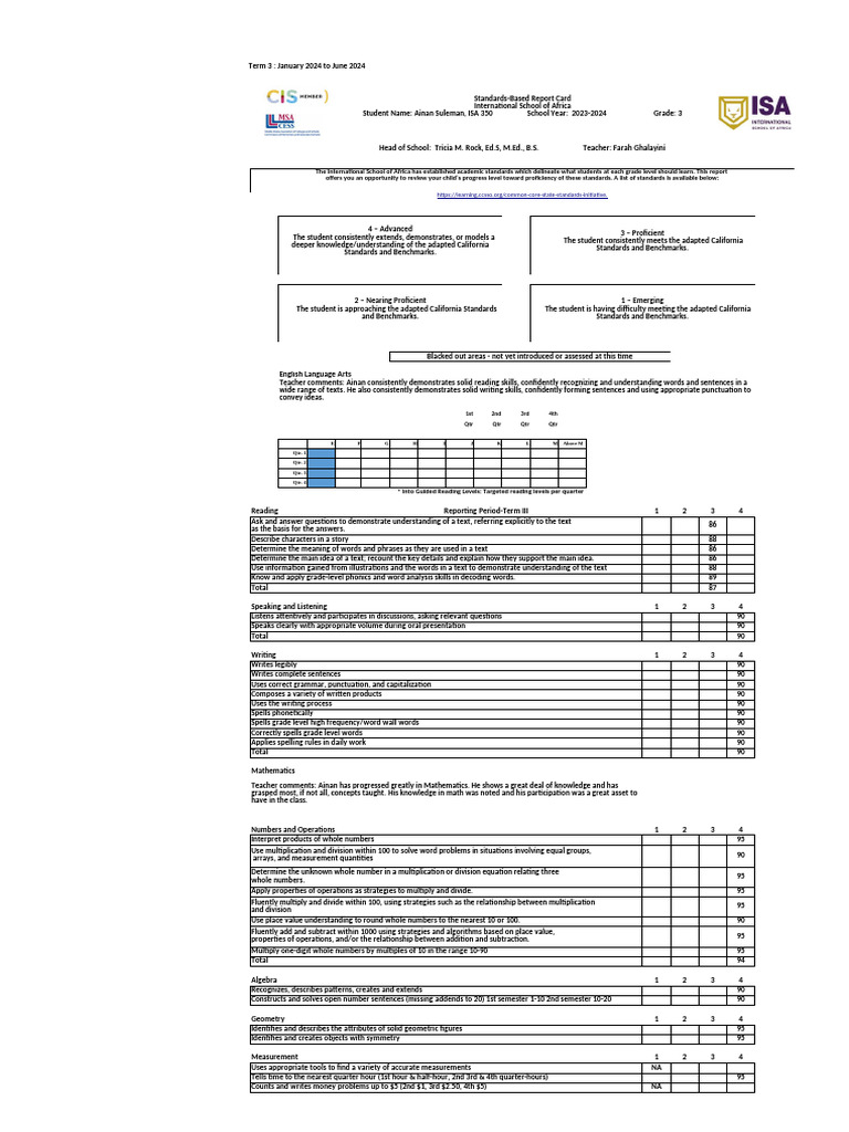 Grade 3-Standards Based Progress Report-Card Term 3 | PDF
