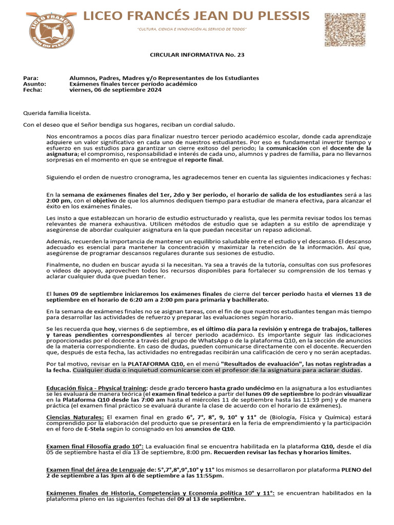 3° Periodo Circular Exámenes Finales - Año 2024. | PDF