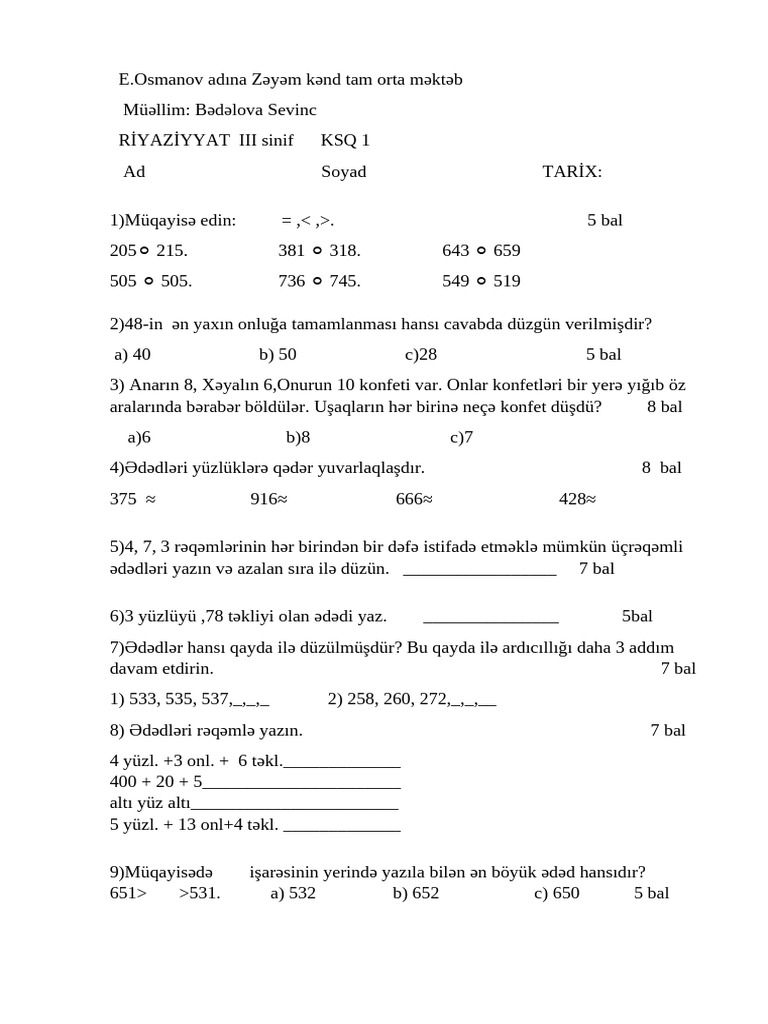 Riyaziyyat KSQ 1 | PDF