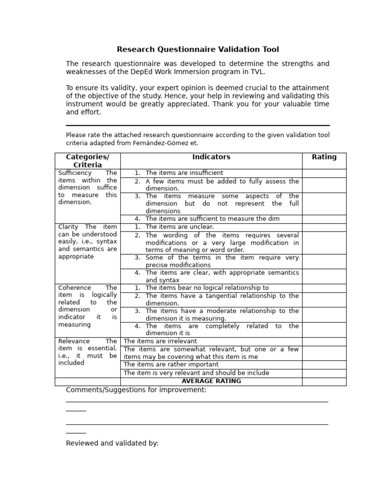 Research Questionnaire Validation Tool - WI School | PDF