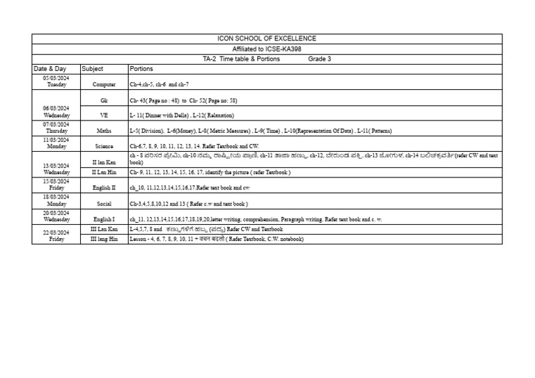 Grade 3 TA-2 Timetable & Portions | PDF | Foreign Language Studies | Science & Mathematics