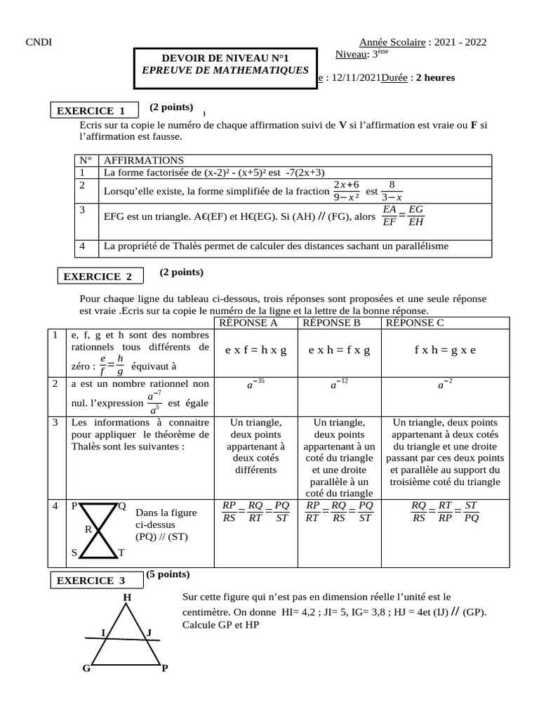 DST1 de niveau 3e | PDF