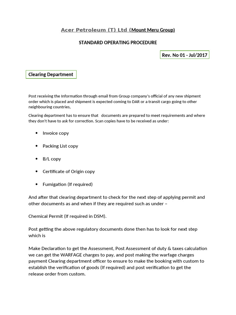 Standard Operating Procedures For Clearing & Forwarding Department | PDF
