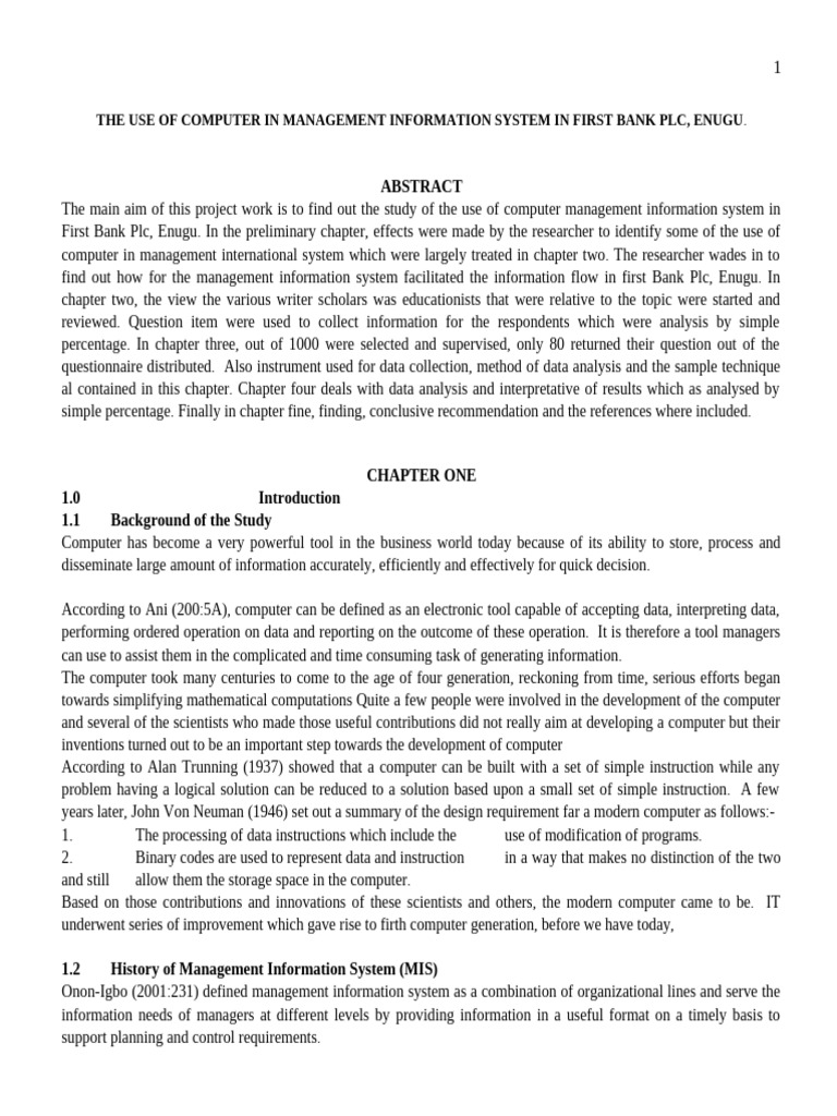 The Use of Computer in Management Information System in First Bank PLC, Enugu | PDF