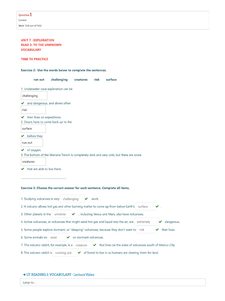 U7. READING 2. VOCABULARY - Practice | PDF