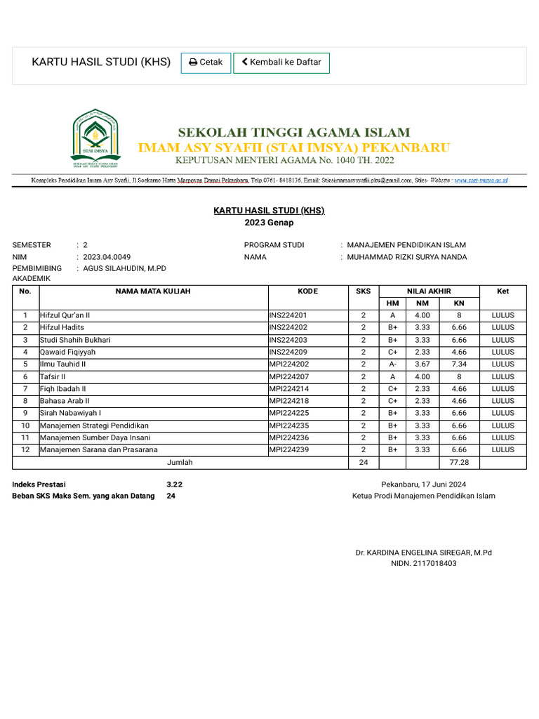 Kartu Hasil Studi (Khs) | PDF