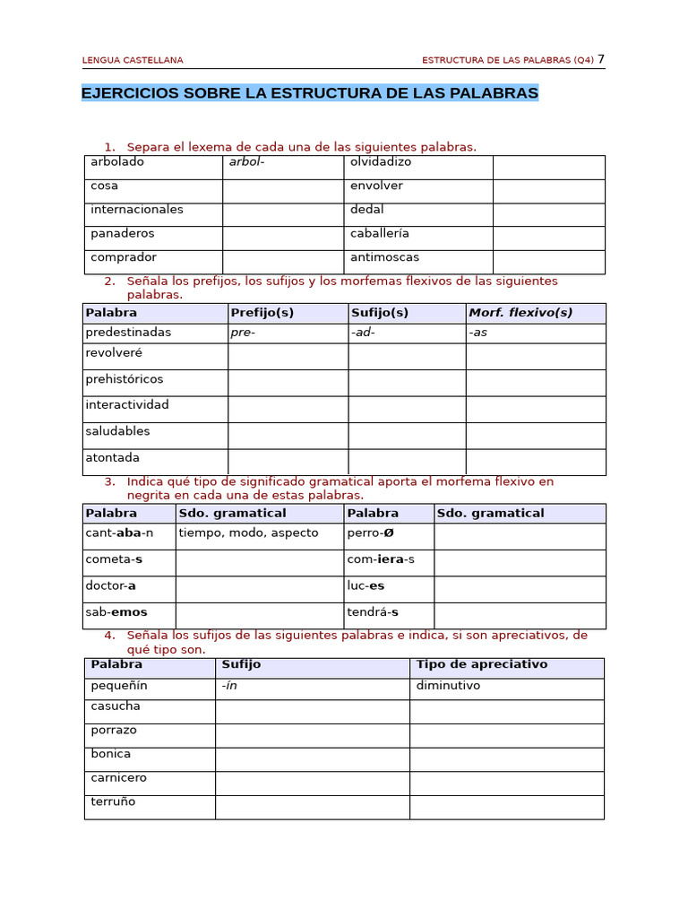 La Estructura de Las Palabras (Ejercicios Con Solucionario) | PDF