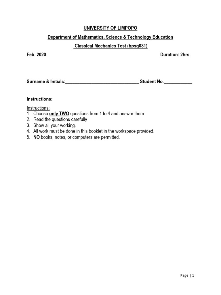 Classical Mechanics Test Questions | PDF | Lagrangian Mechanics ...