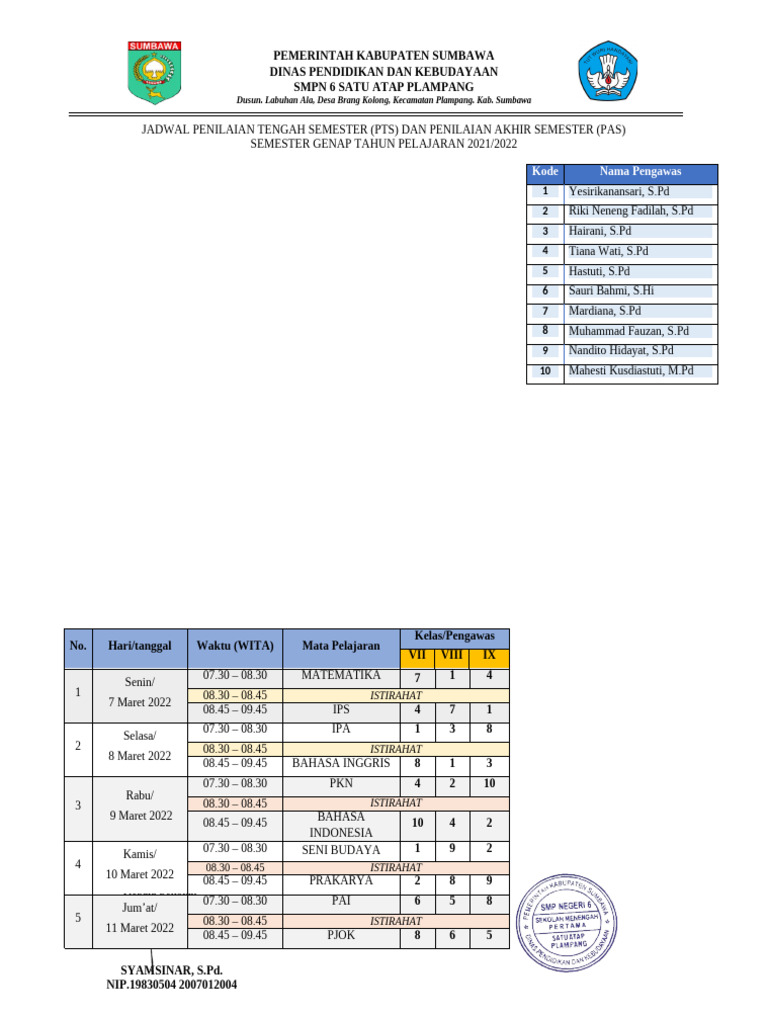 Jadwal PTS Pas 2022 Genap | PDF