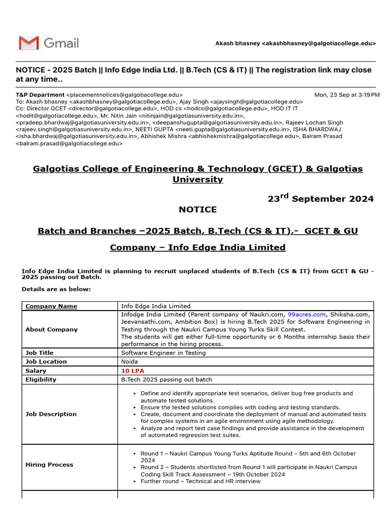 NOTICE - 2025 Batch Info Edge India Ltd. B.Tech (CS & IT) The Registrat | PDF