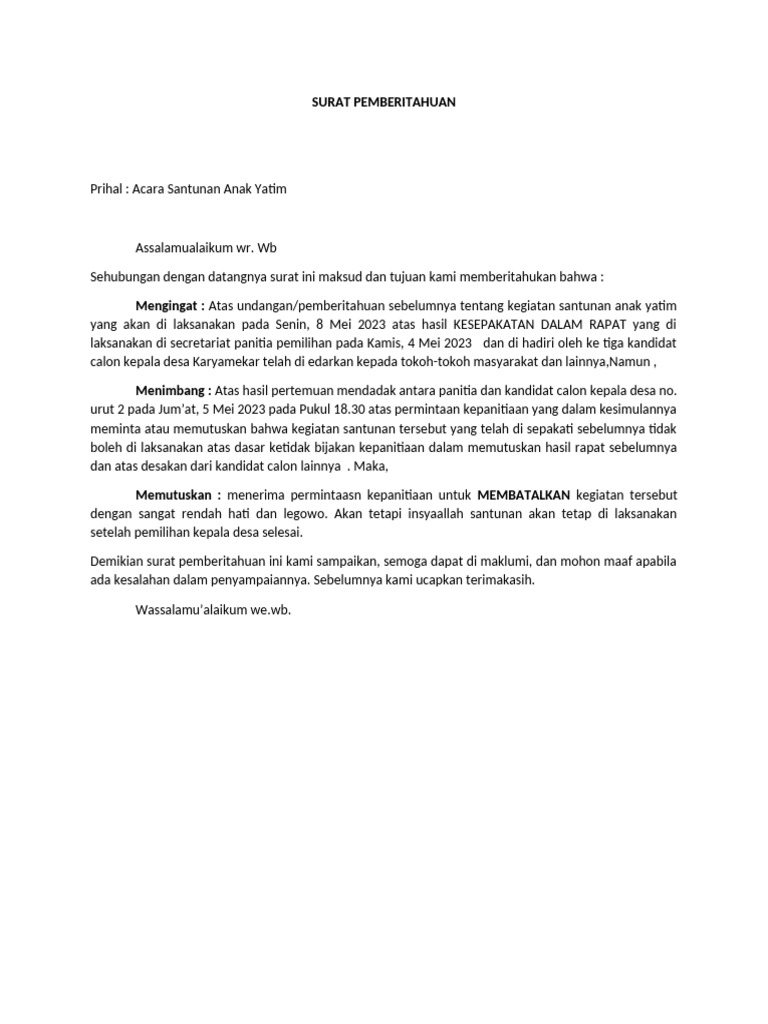 Surat Pemberitahuan Pembatalan | PDF