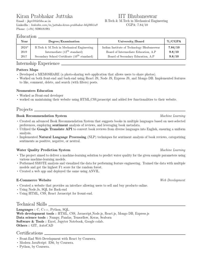 J Kiran Prabhakar Resume | PDF