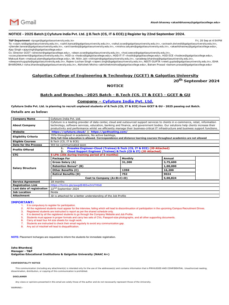 NOTICE - 2025 Batch Cyfuture India Pvt. Ltd. B.Tech (CS, IT & ECE) Regi ...