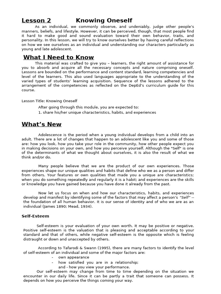 Lesson 2 Knowing Oneself | PDF | Self Esteem | Career & Growth