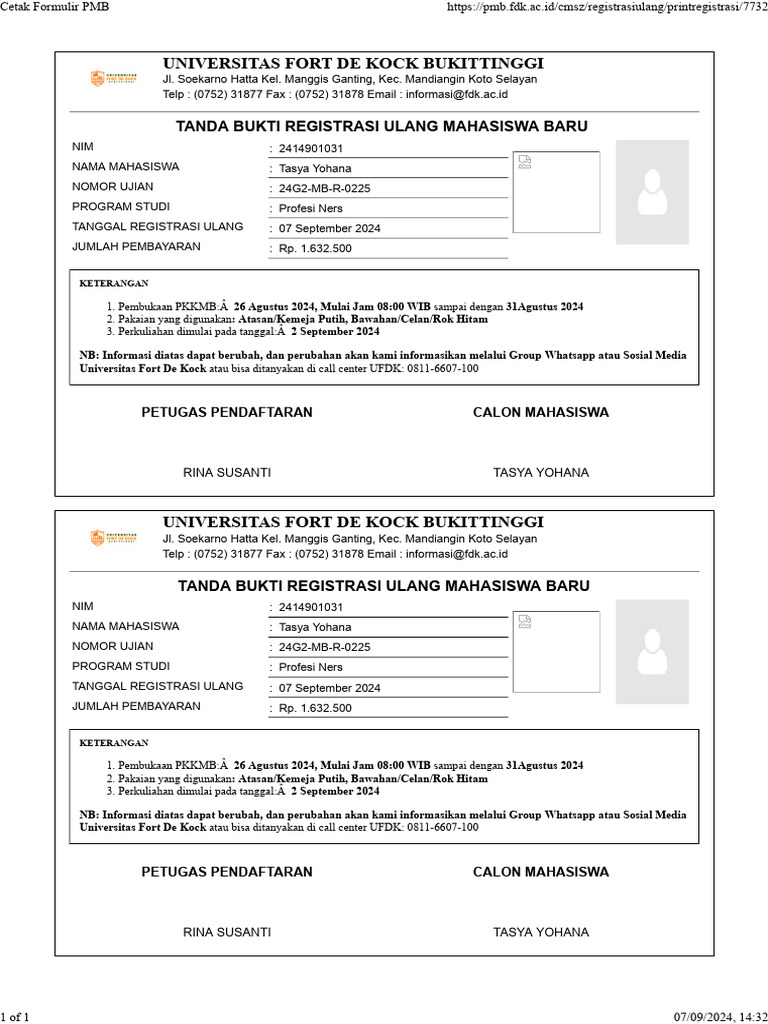 Daftar Ulang Tasya Yohana | PDF