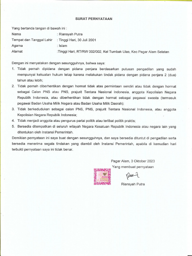 Scan Surat Pernyataan Lampiran 4 Rian | PDF