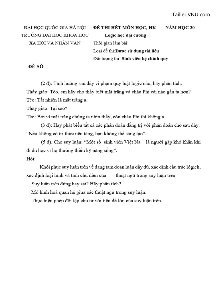 Đề thi Logic học đại cương đề số 3 kỳ hè năm học 2020-2021 - USSH | PDF