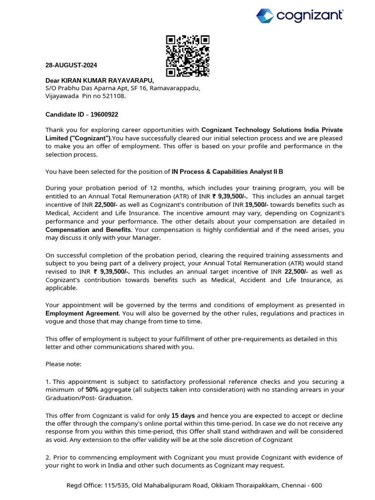 Kiran Kumar Rayavara Offer Letter | PDF | Indemnity | Career & Growth