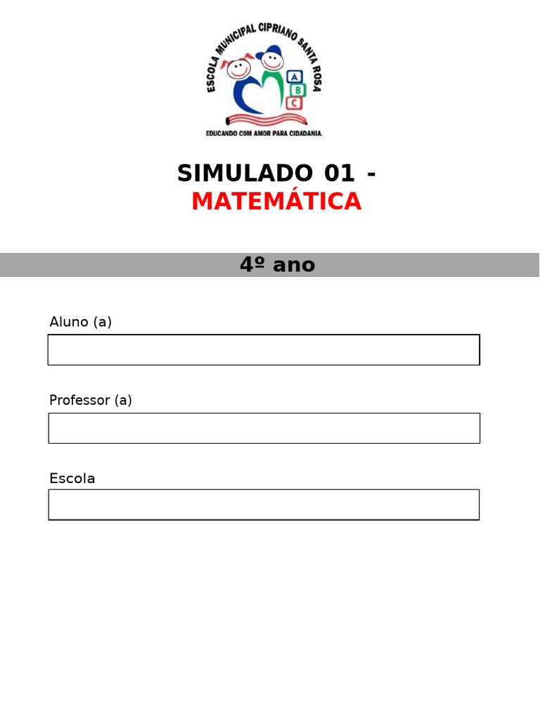 Simulado 01 - Matemática - 4º ano (Blog do Prof. Adonis) | PDF
