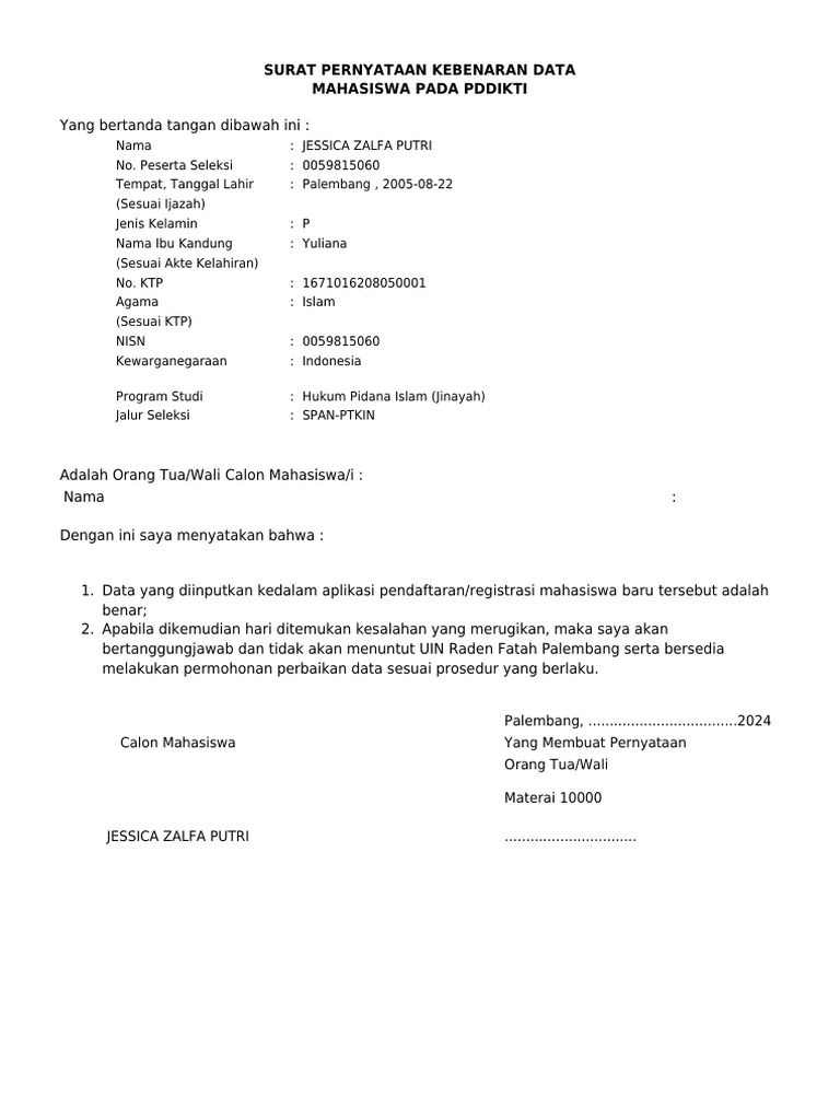 Surat Pernyataan Kebenaran Data Mahasiswa PDDIKTI | PDF