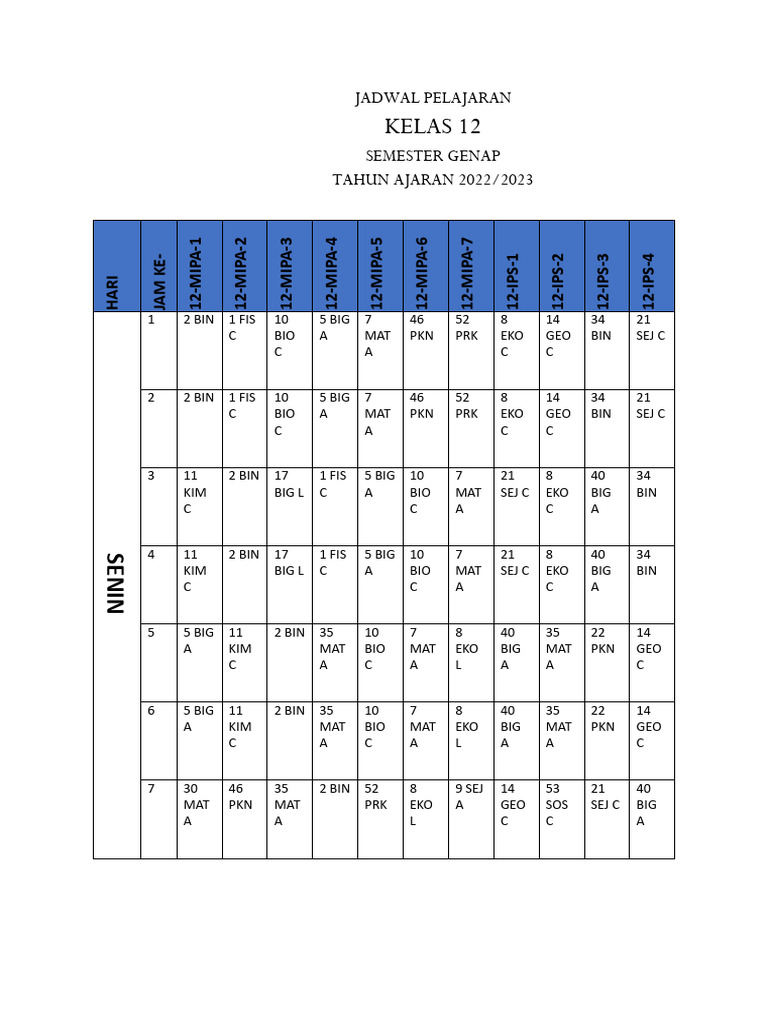 JADWAL PELAJARAN 12 Genap | PDF