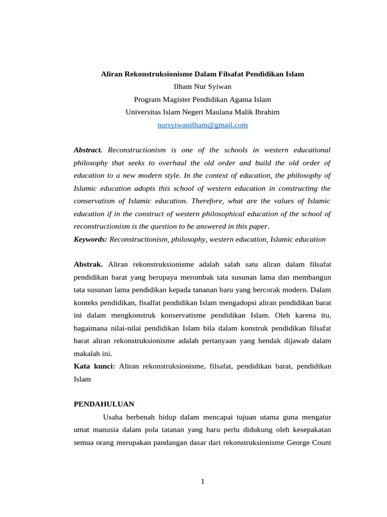 Aliran Rekonstruksionisme Dalam Filsafat Pendidikan Islam | PDF