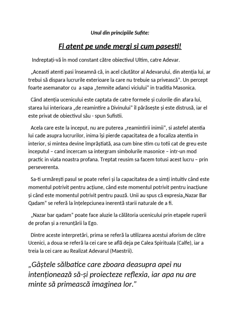 Fi Atent Pe Unde Mergi Si Cum Pasesti - Unul Din Principiile Sufite | PDF