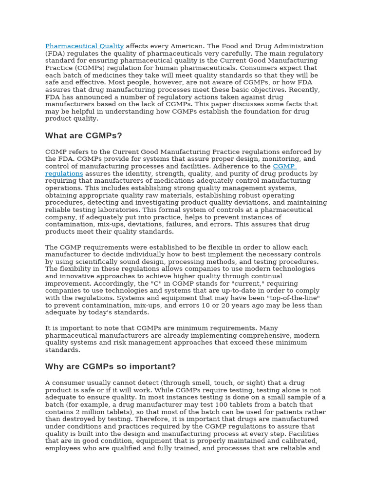 What Are CGMPS?: Pharmaceutical Quality | PDF