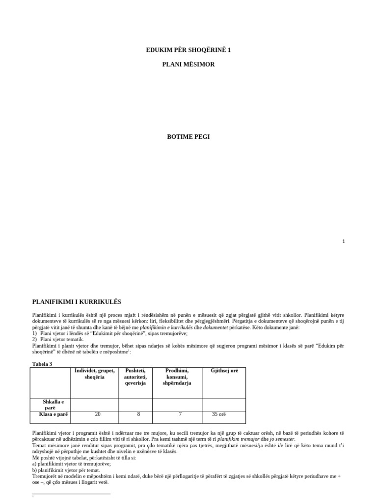 Edukim Per Shoqerine 1 Plani Mesimor | PDF