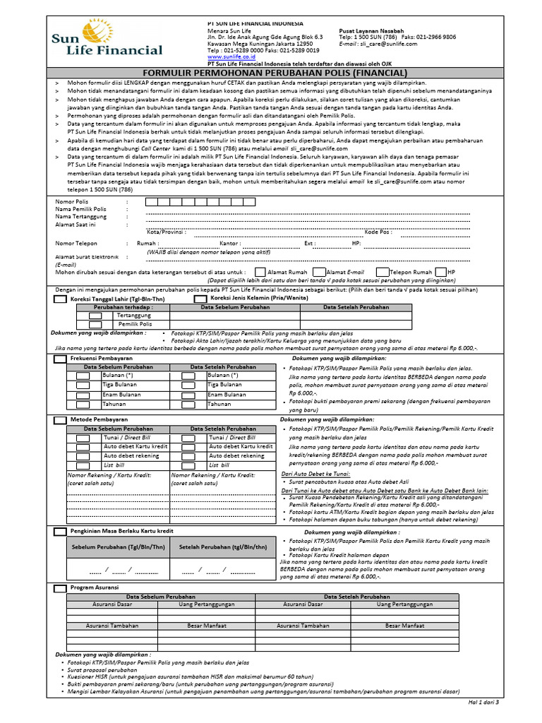 Form Perubahan Polis Financial - SLFI | PDF