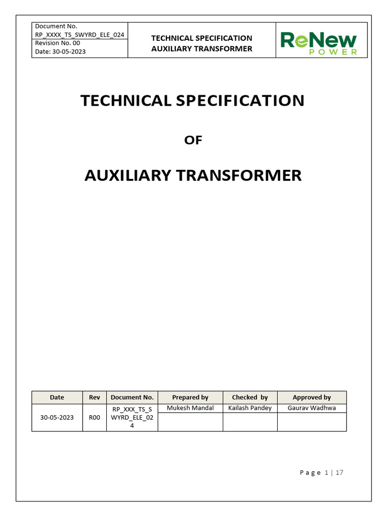 Specification For 33KV - Auiliary Transformer | PDF