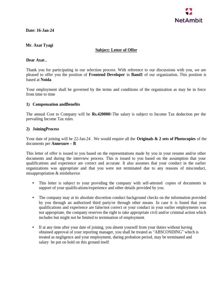 Offer Letter - Axat - Tyagi | PDF