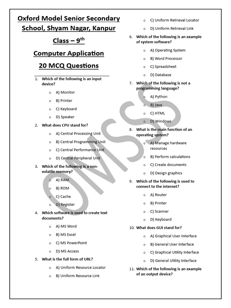 Class 9th Computer Asignment 20 MCQ | PDF Class 9th Computer Asignment 20 MCQ | PDF