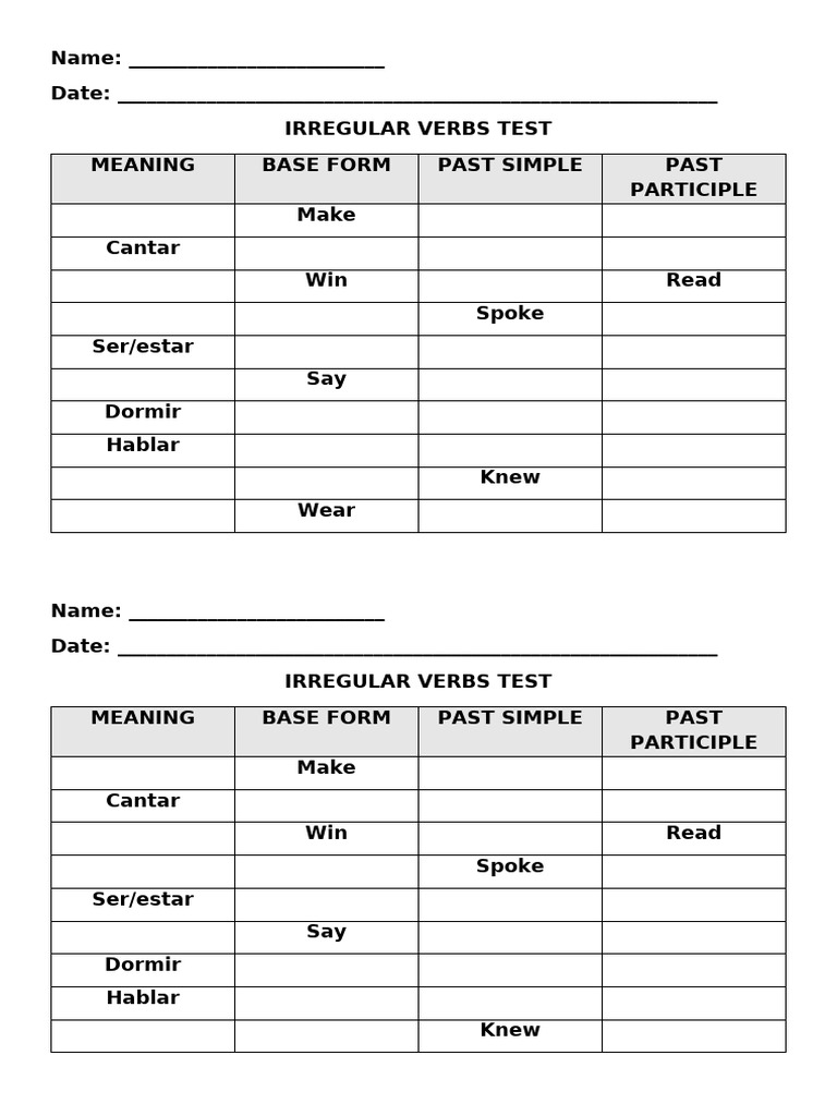 Irregular Verbs Test 6º | PDF