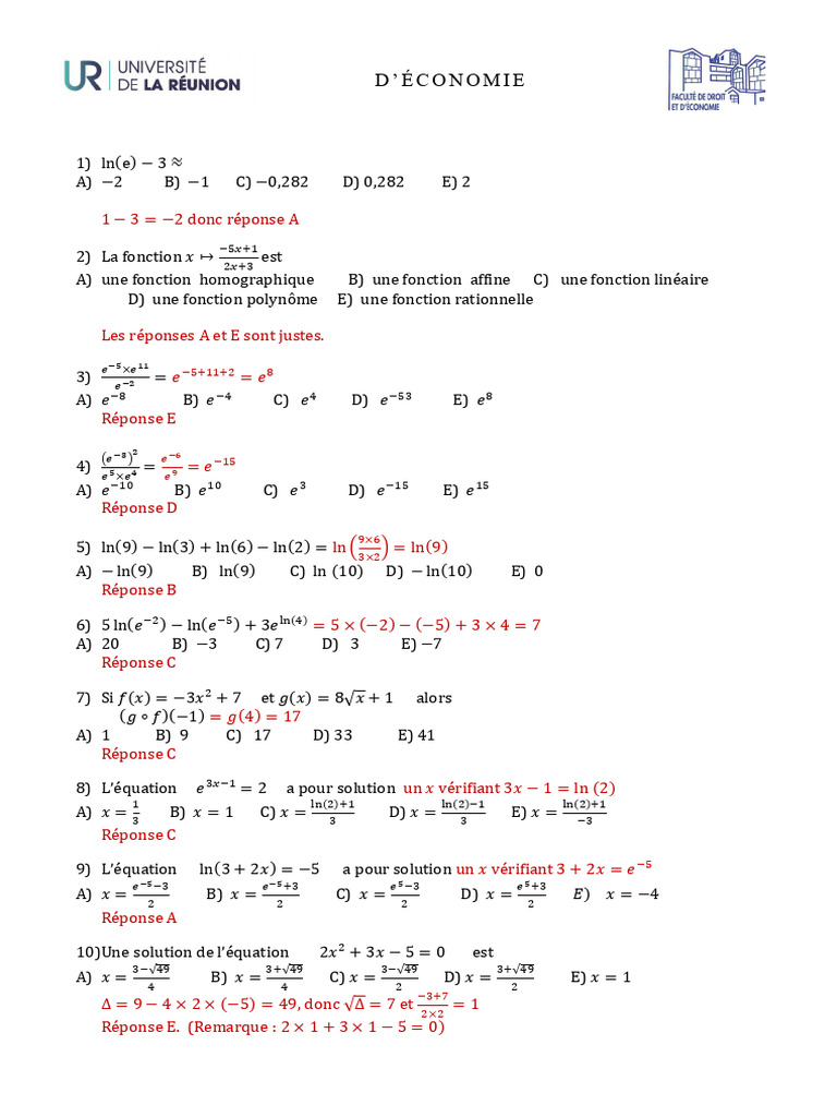 Correction QCM Math Appli L1 Aes 2024 | PDF