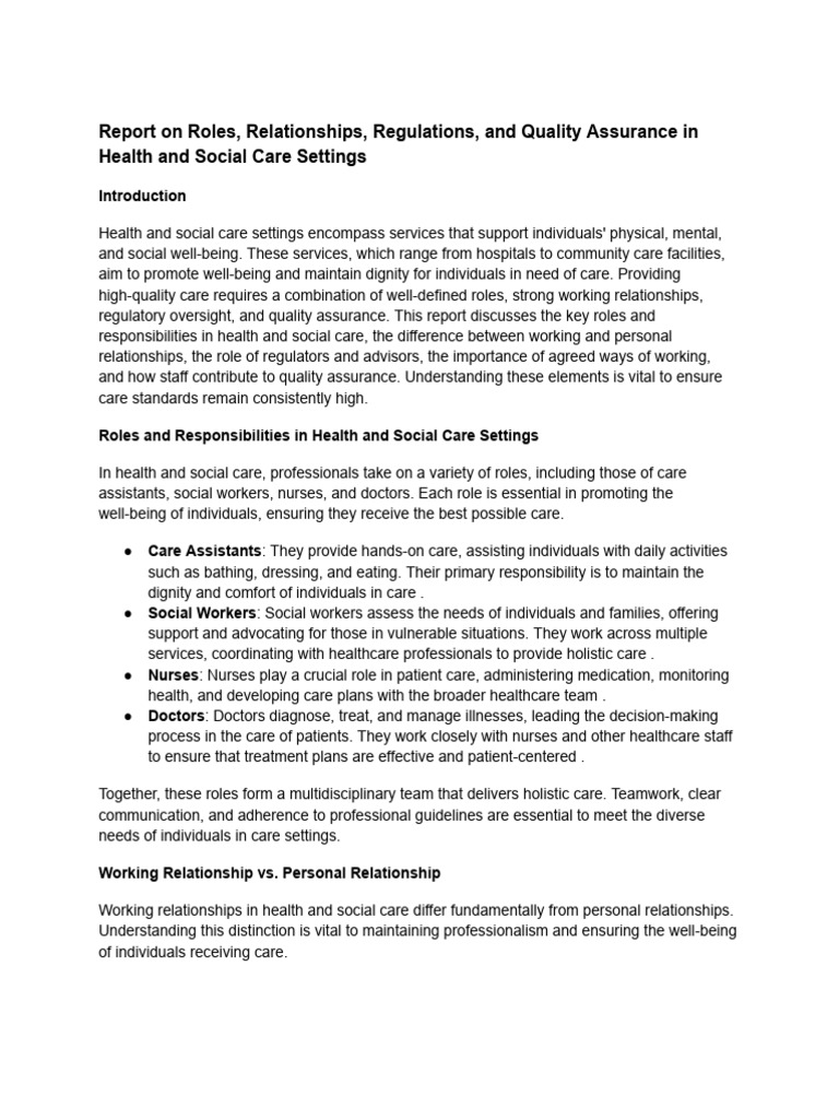 Report On Roles, Relationships, Regulations, and Quality Assurance in ...