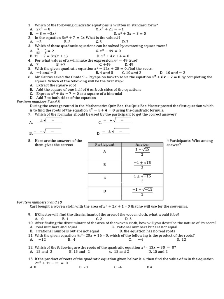 Long Test I 9 Math 1 | PDF
