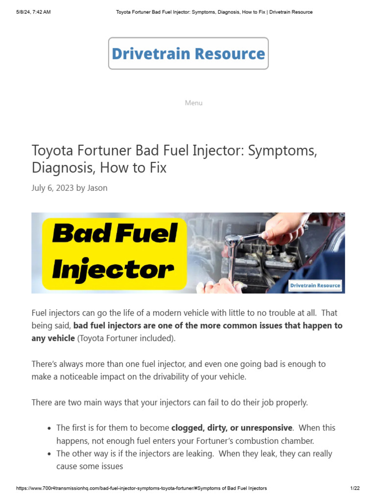 Toyota Fortuner Bad Fuel Injector - Symptoms, Diagnosis, How To Fix ...