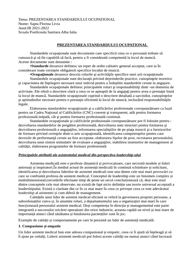 Prezentarea Standardului Ocupational Principalele Atributii Ale Asist Med | PDF