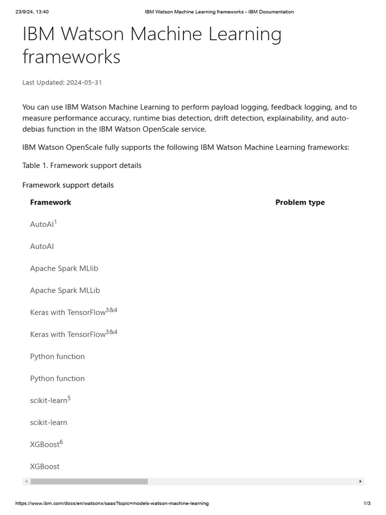 IBM Watson Machine Learning Frameworks - IBM Documentation | PDF