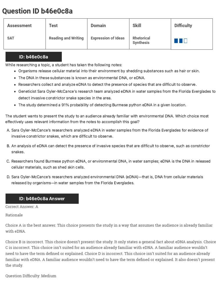 Rhetorical Synthesis (Level 2) Answer Key | PDF