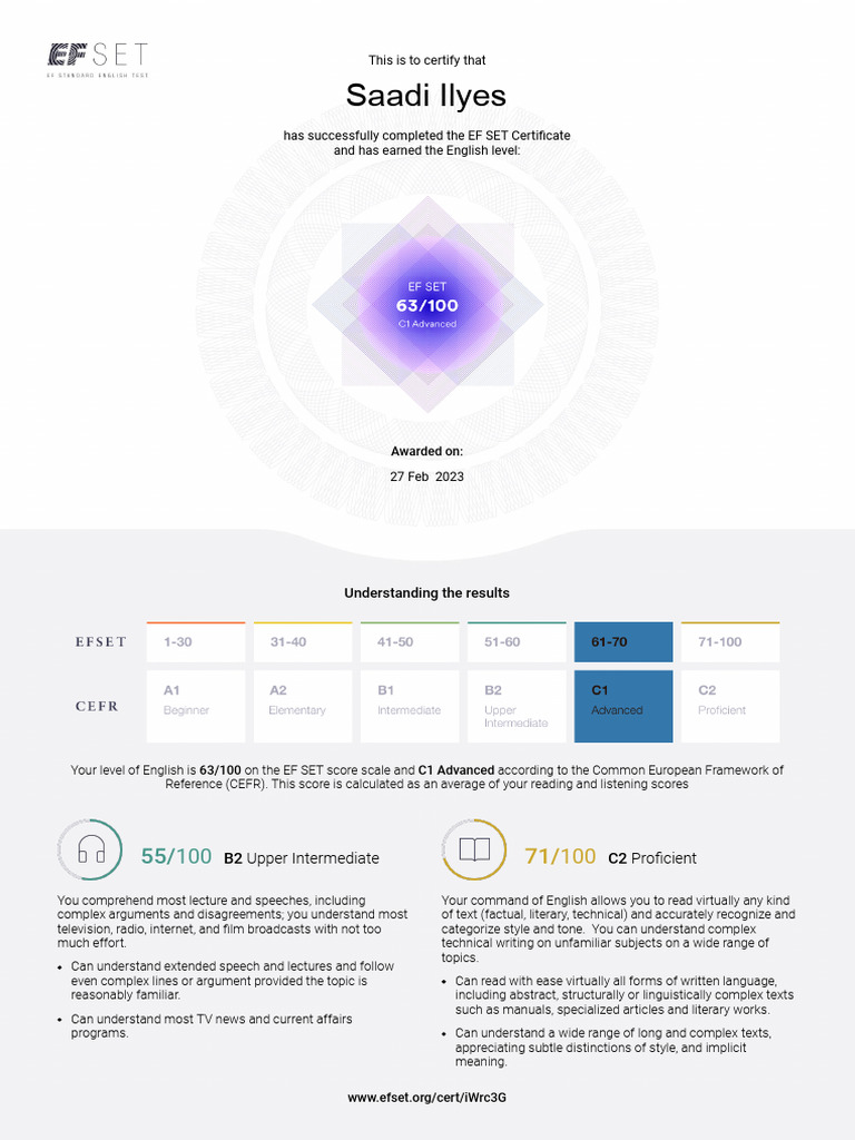 EF SET Certificate | PDF | Language Arts & Discipline