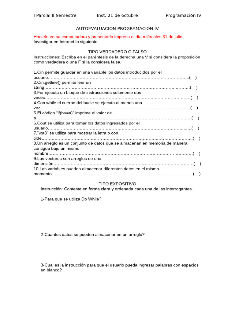 Autoevaluacion Programacion IV | PDF